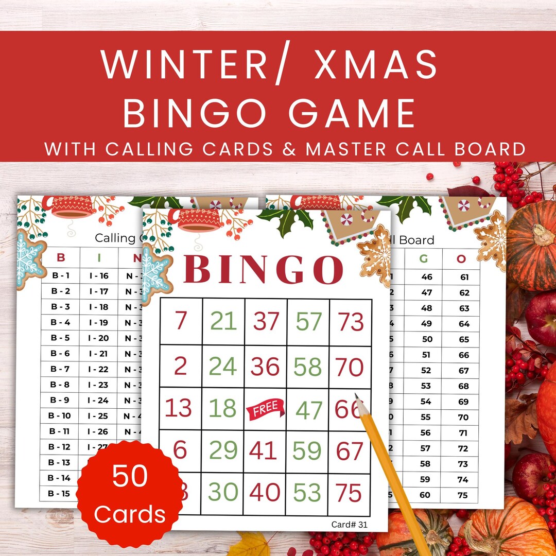 50 Christmas Bingo Cards: Winter Holiday Party Game (printable Download ...