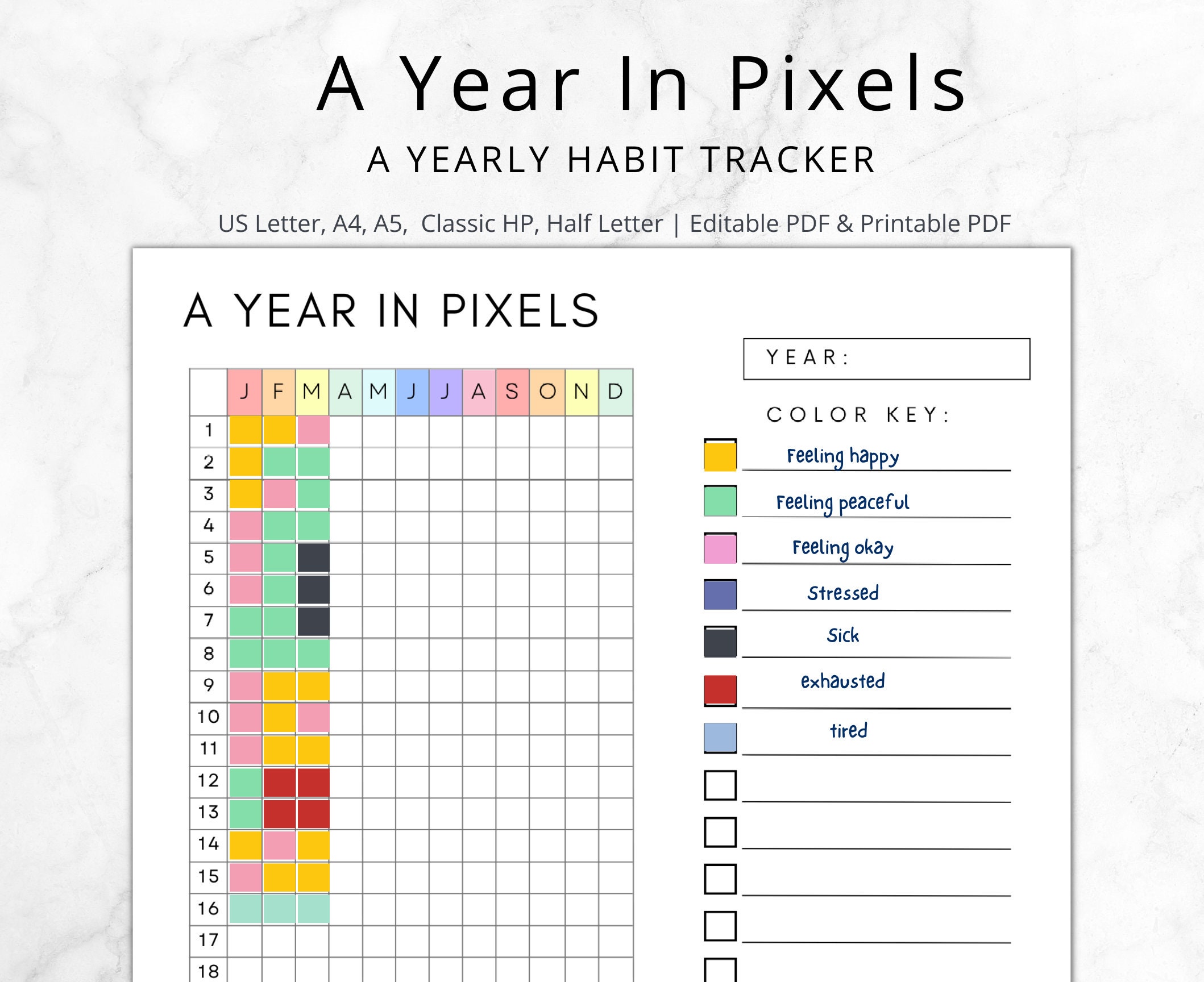 Year in Pixels EDITABLE Yearly Habit Tracker Mood Tracker Health ...