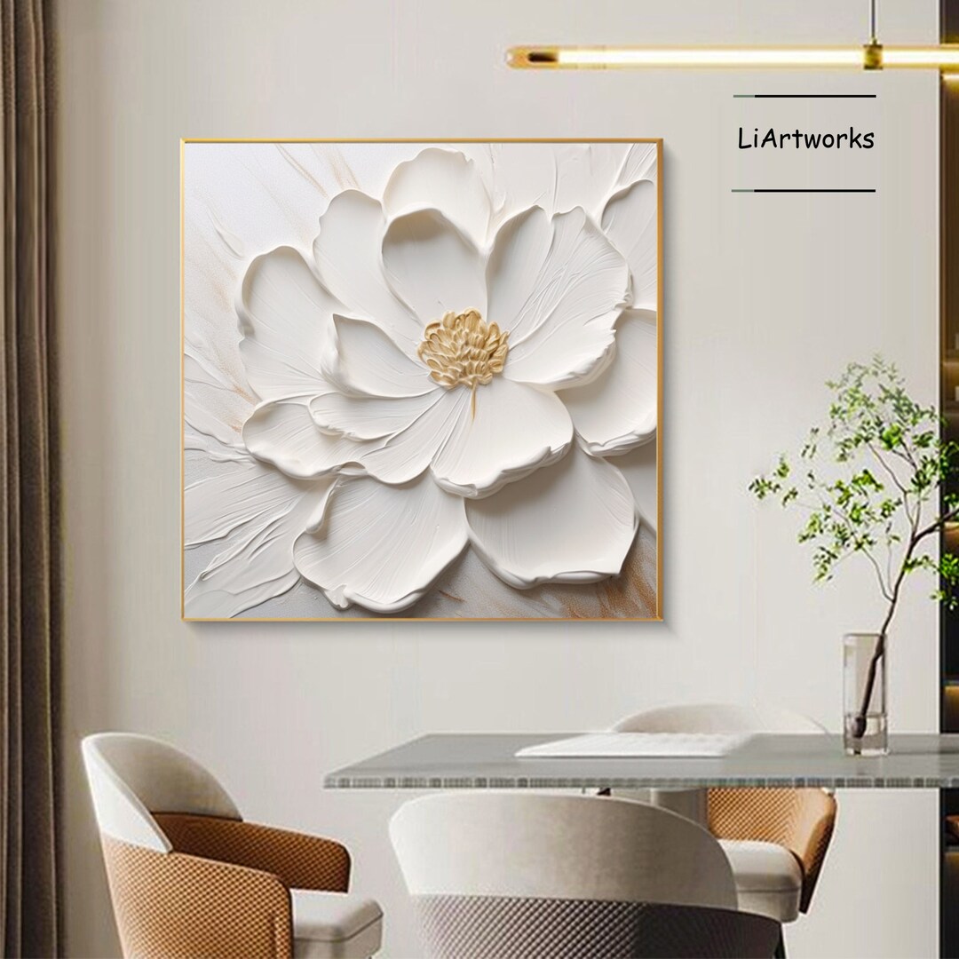 3D Original White Flower Texture Painting,palette Knife Flower Wall Art ...