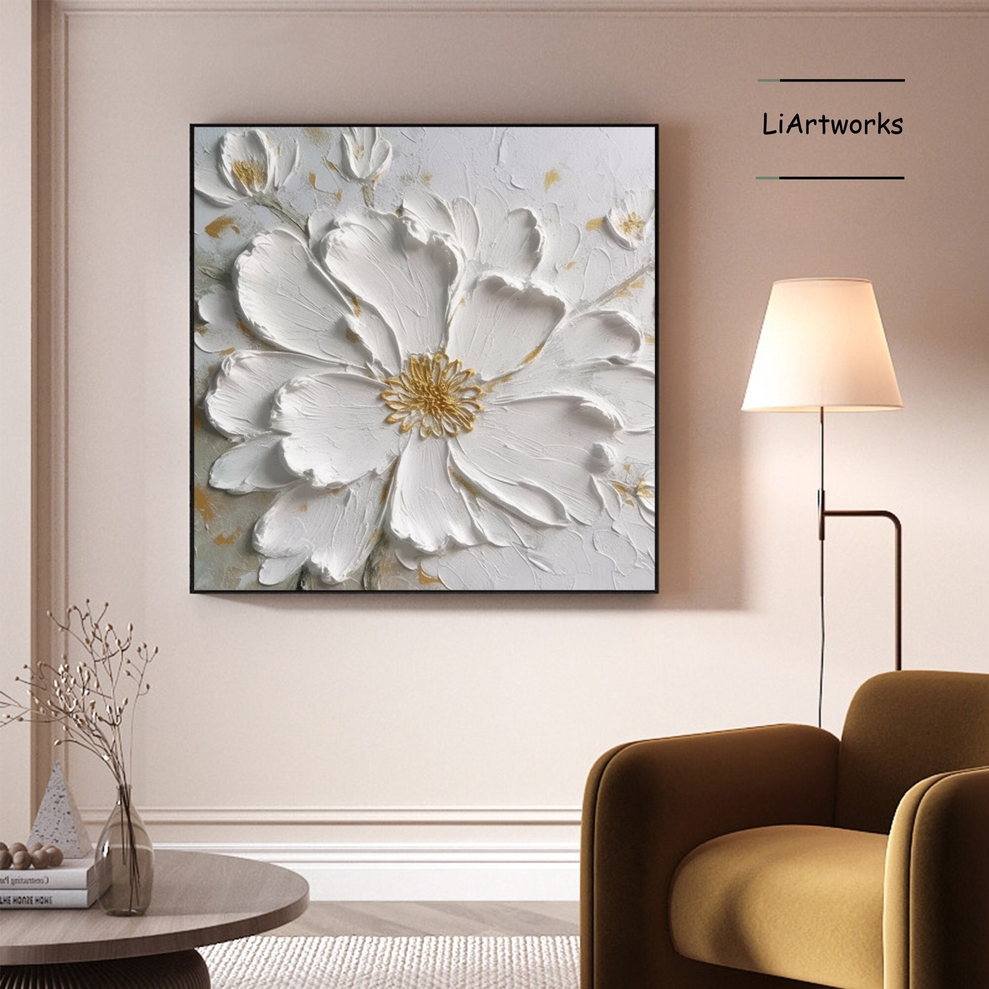 3D White Abstract Flower Oil Painting on Canvas,white and Gold Flower ...