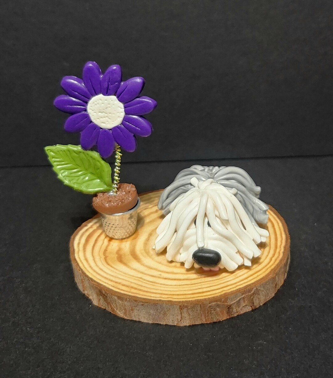Old English Sheepdog With Thimble Pot Purple Flower Handmade - Etsy