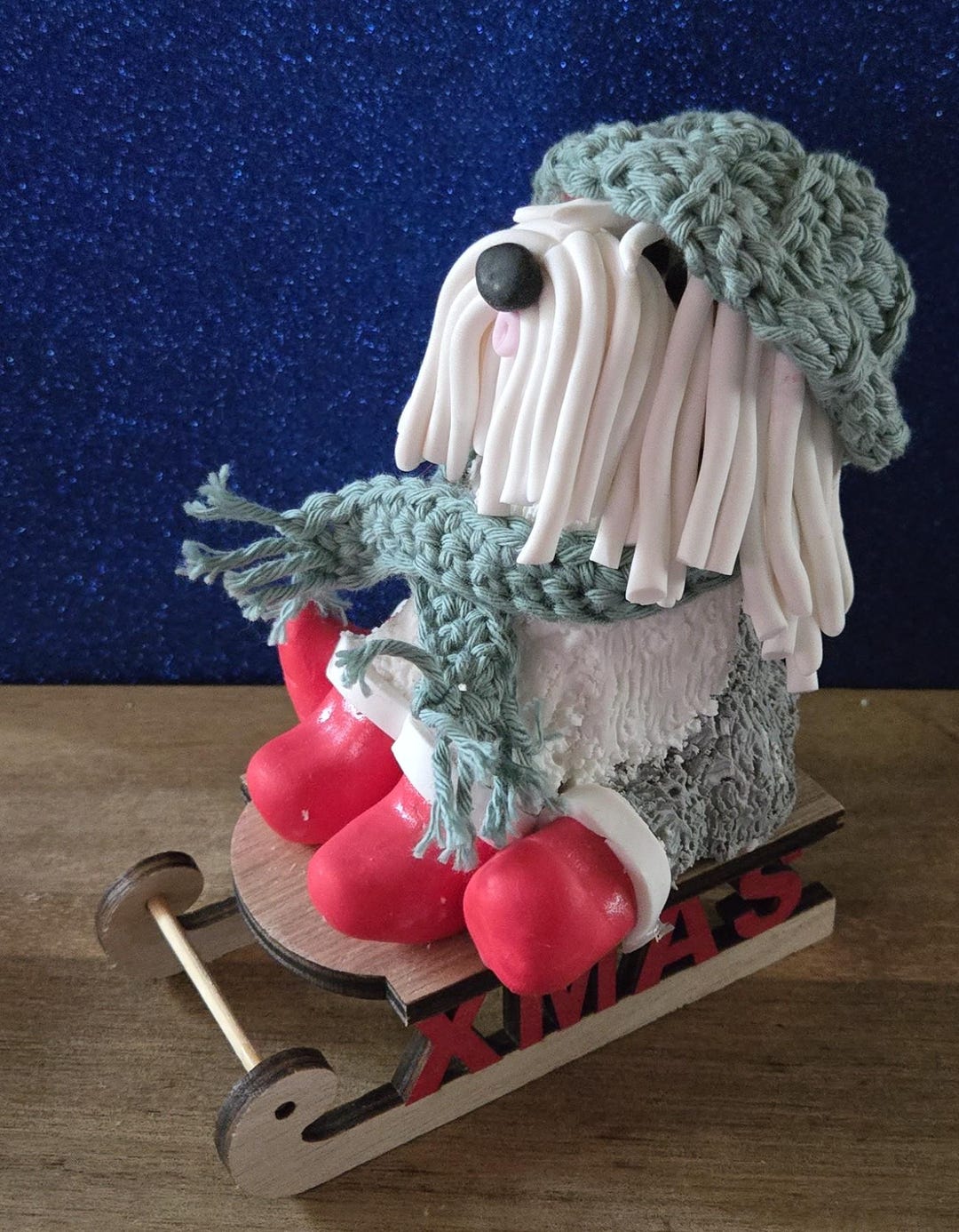 Handmade Polymer Clay Old English Sheepdog Christmas Ornament on Sledge ...