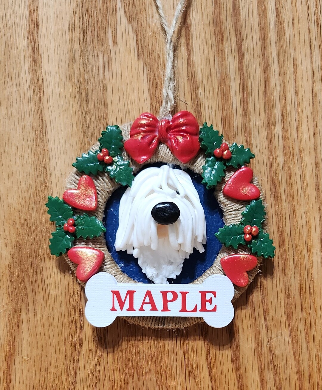 Personalised Christmas Old English Sheepdog Face Handmade Polymer Clay ...
