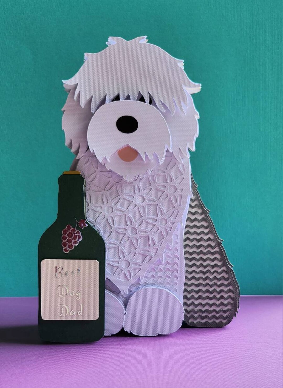 Old English Sheepdog With 'best Dog Dad' Wine Bottle', Handmade Stand ...