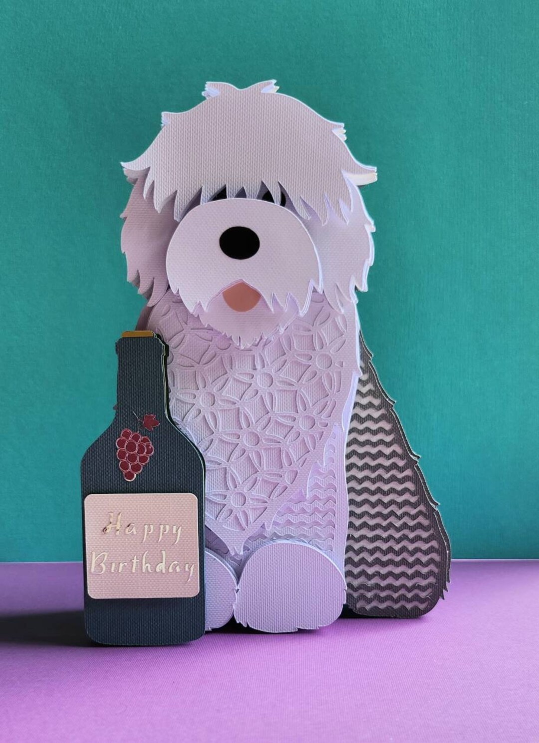 Old English Sheepdog With 'happy Birthday' Wine Bottle', Handmade Stand ...