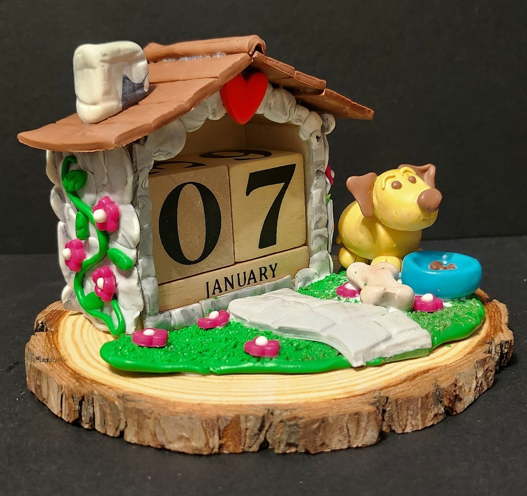 Dog Design Perpetual Calendar, Handmade Polymer Clay Decorative Wood ...