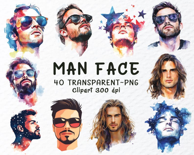 Watercolor Man Face PNG Clipart Bundle: Transparent Portrait Decals ...