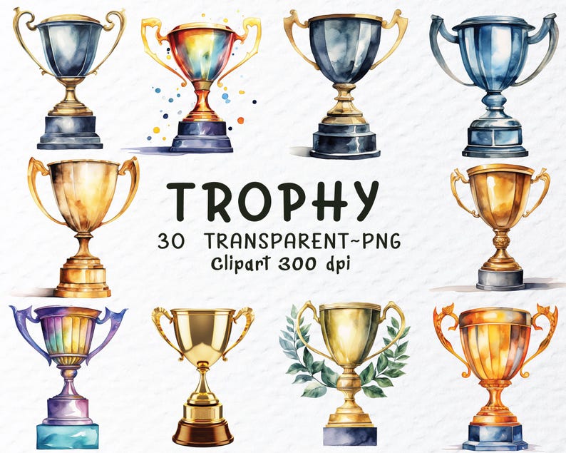 Watercolor Trophy Clipart Bundle: Golden Sports Award PNG (digital ...