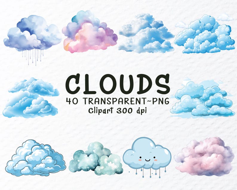 Watercolor Clouds PNG Clipart: Sky Design Bundle (digital Download) - Etsy