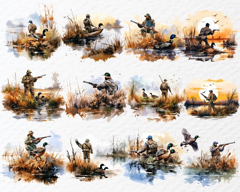 Duck Hunting Clipart Png Bundle, Watercolor Hunting Clip Art, Rustic ...