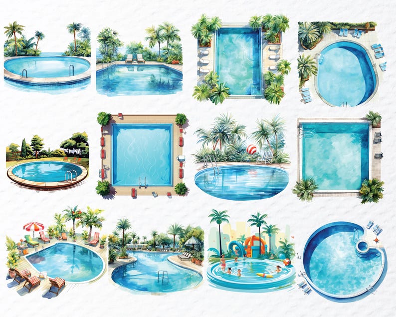 Watercolor Swimming Pool Clipart Bundle, Summer PNG Files (digital ...