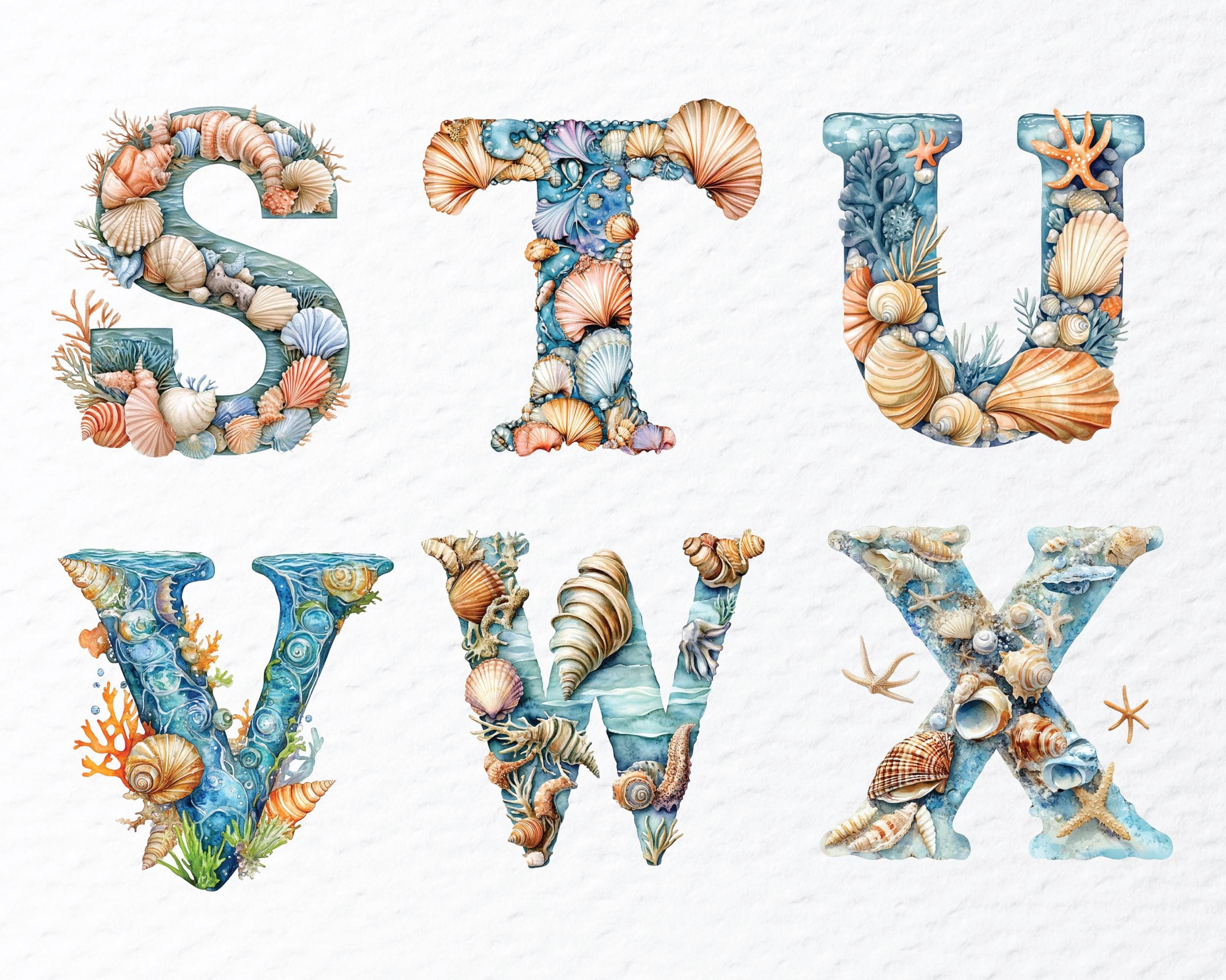 Watercolor Seashell Alphabet Clipart Bundle (PNG Files) - Etsy