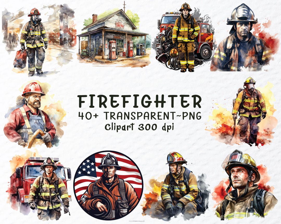Watercolor Firefighter Clipart Bundle: Fire Truck, Fire Station (PNG ...
