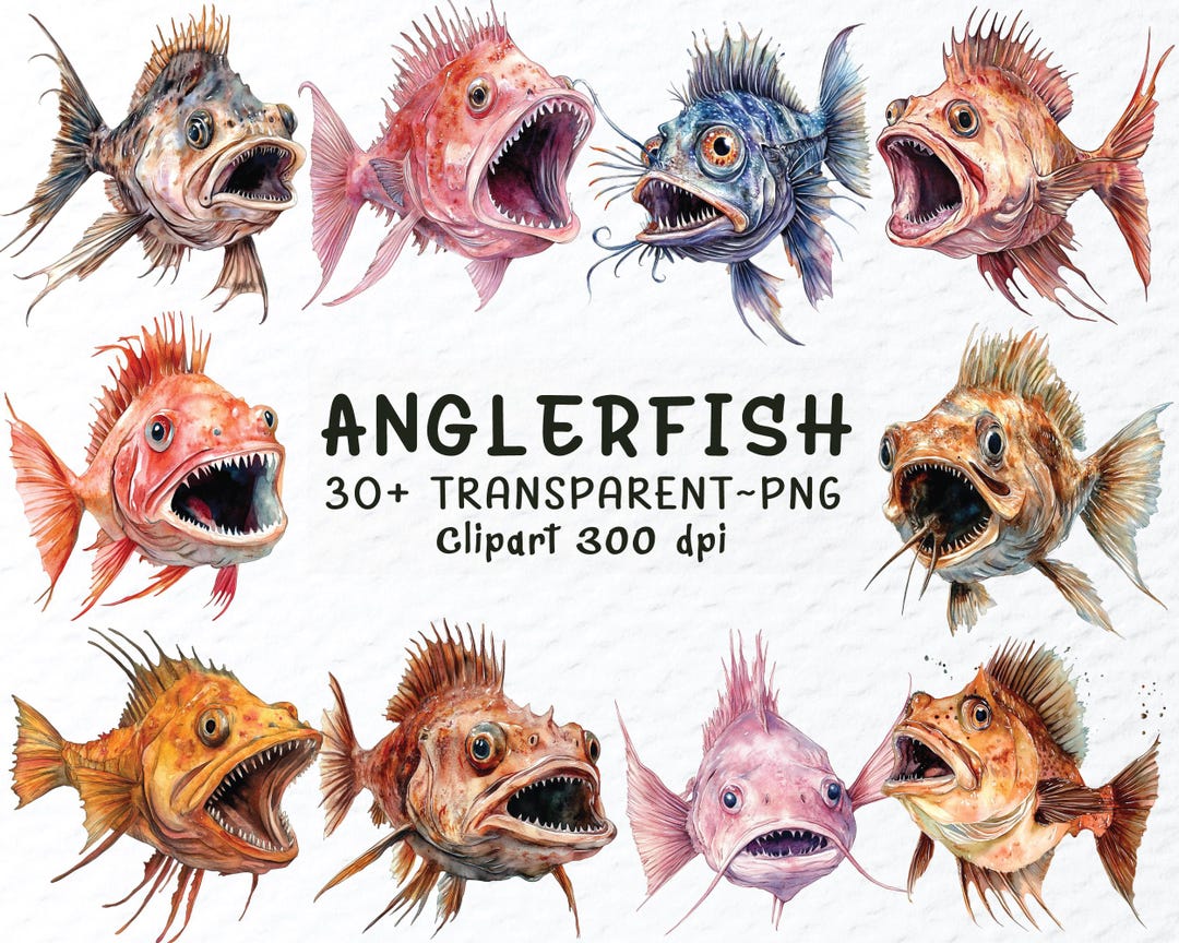 Watercolor Anglerfish Fish Png Clipart Bundle, Anglerfish Fish Png File ...