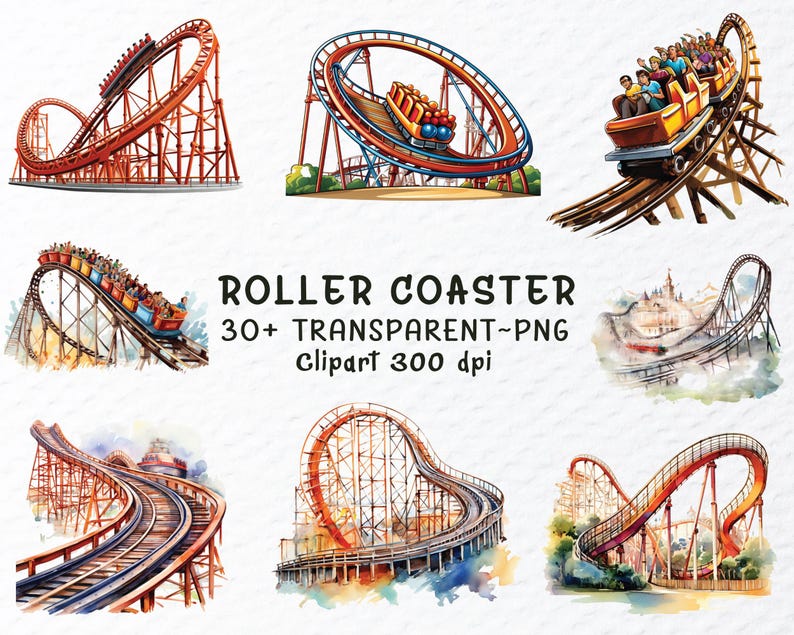 Watercolor Roller Coaster Clipart Bundle: Amusement Park PNG Files ...