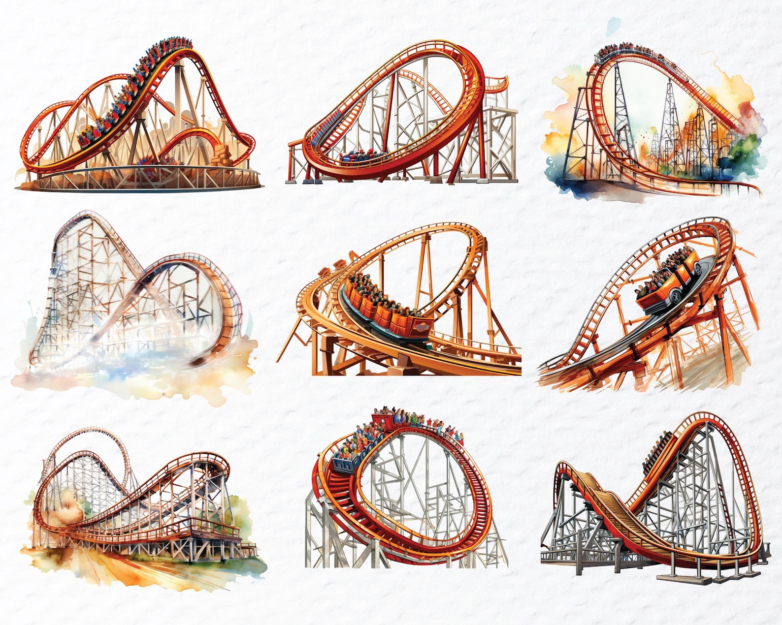 Watercolor Roller Coaster Clipart Bundle: Amusement Park PNG Files ...