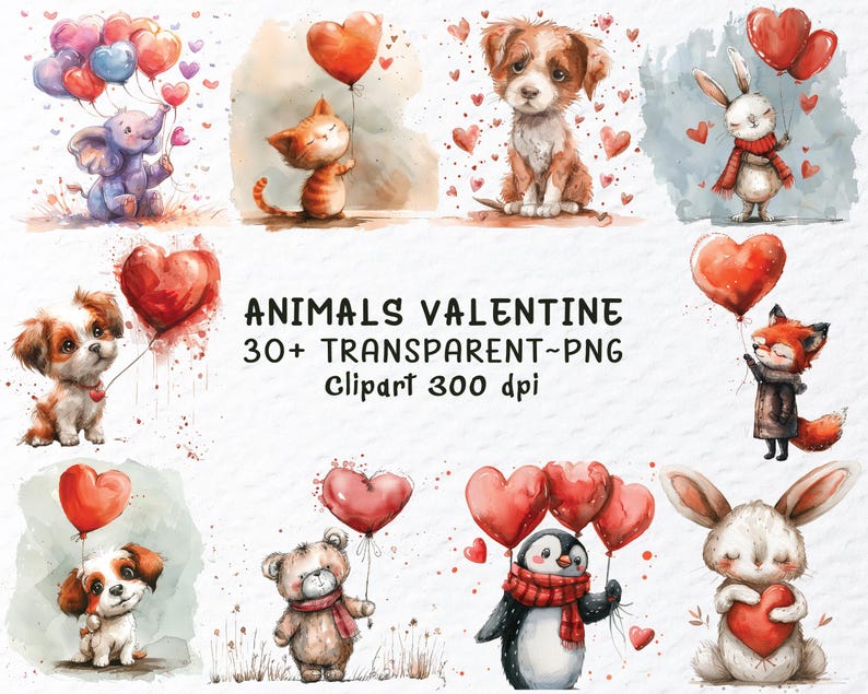 Animals Valentine PNG Clipart Bundle, Animal Love, Romantic Heart ...