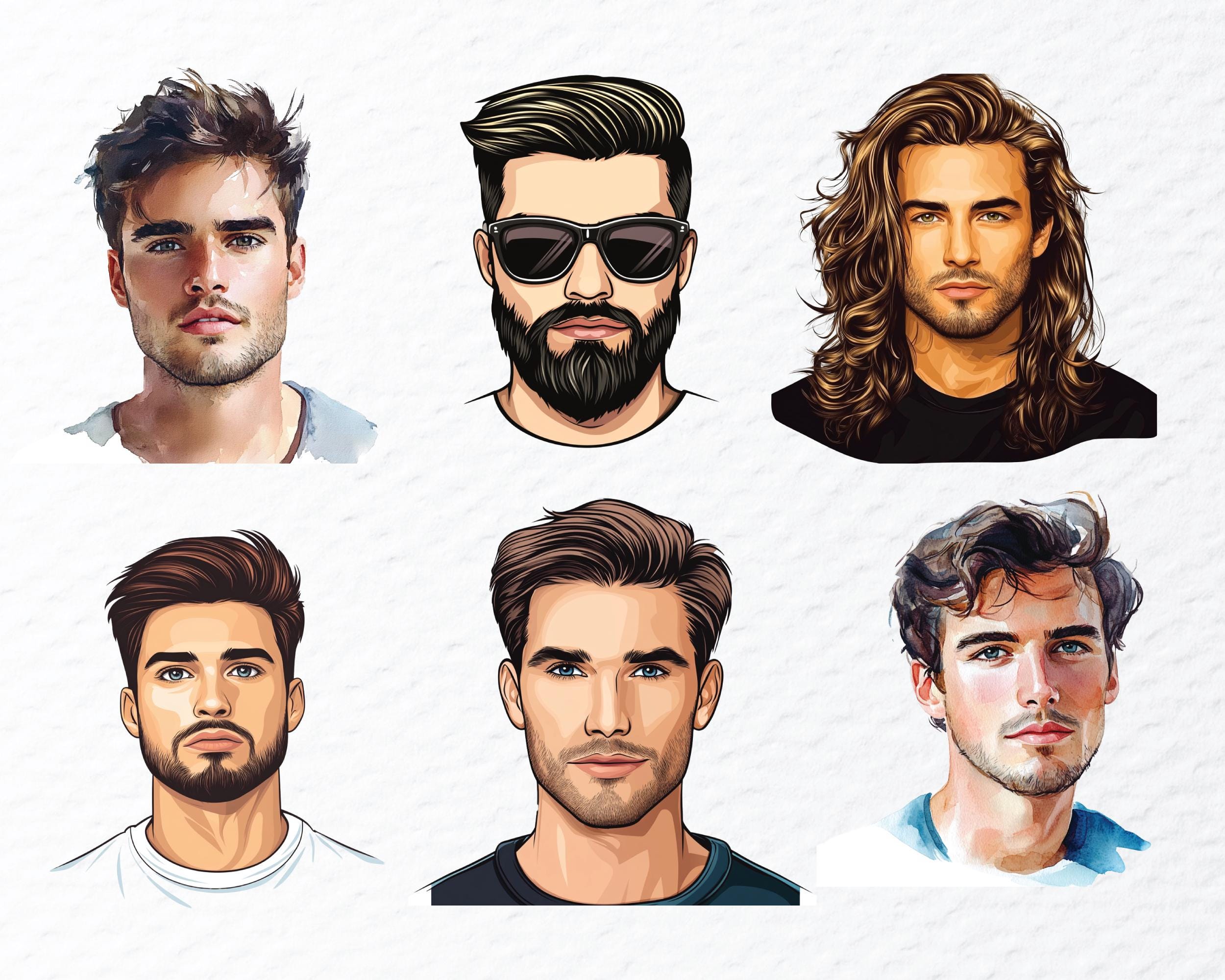 Watercolor Man Face PNG Clipart Bundle: Transparent Portrait Decals ...