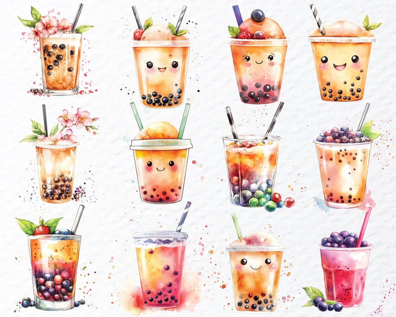 Watercolor Bubble Tea Clipart Bundle: Kawaii Boba Tea PNG Files ...