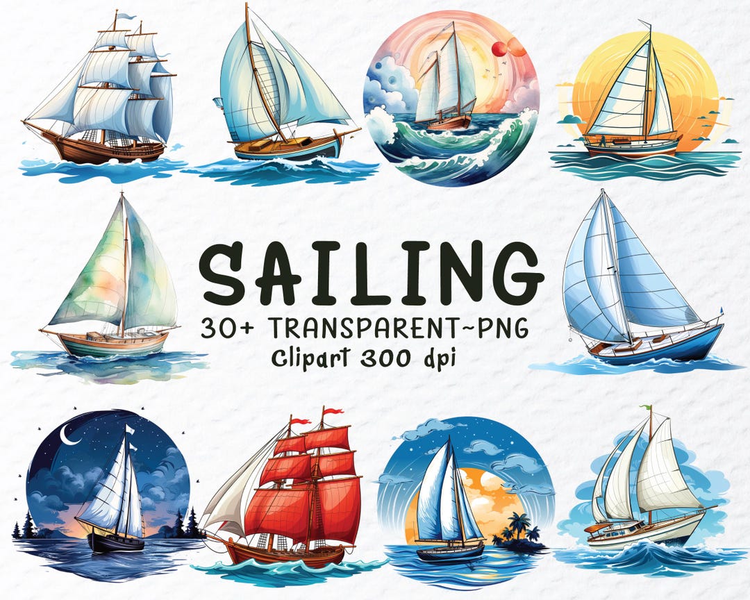 Watercolor Sailing Boat Clipart Bundle: Nautical PNG Files (digital ...