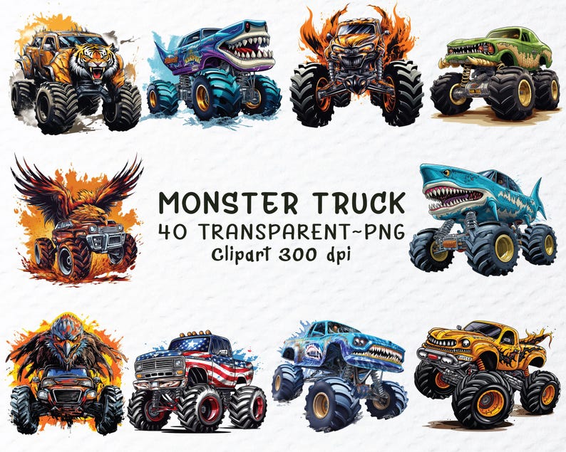 Monster Truck Png Clipart Bundle | Watercolor Monster Truck Png Files ...