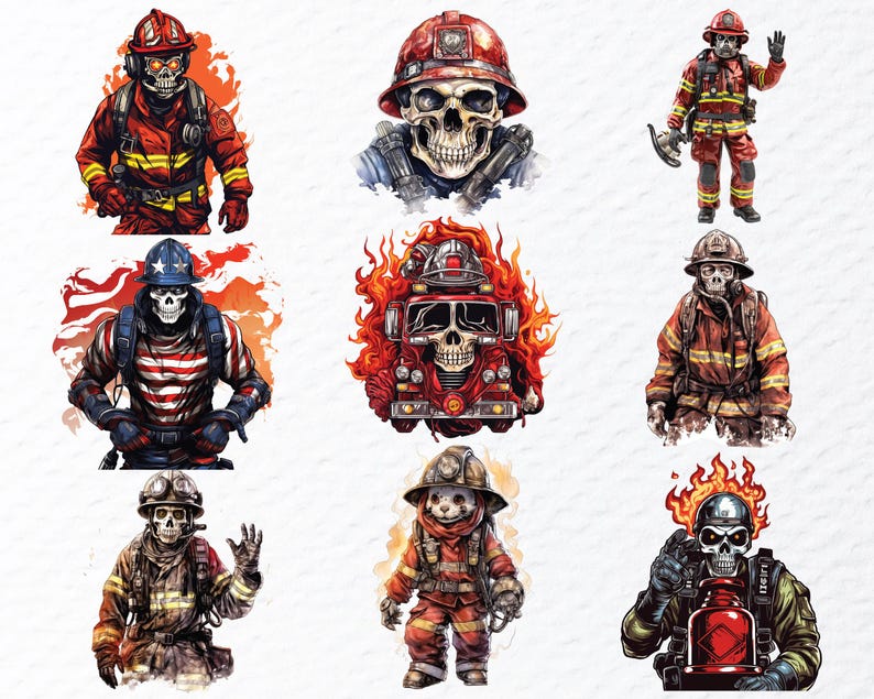 Skeleton Firefighter Clipart Bundle, Fireman Skull PNG, Gothic Hero ...