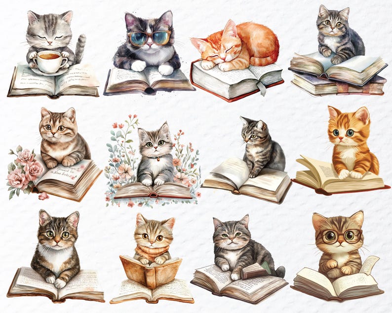 Cat on Book Png Clipart Bundle | Watercolor Cat on Book Png Files ...