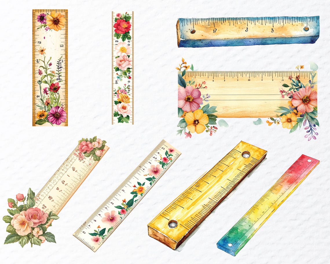 Watercolor Floral Ruler Clipart Bundle (PNG Files) - Etsy
