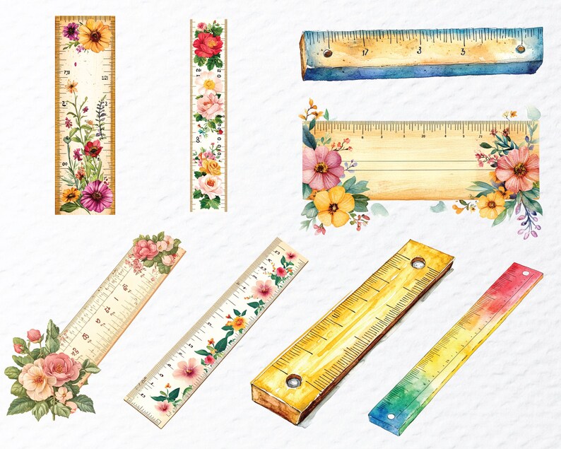 Ruler Png Clipart Bundle | Watercolor Ruler Png Files, Floral Ruler ...
