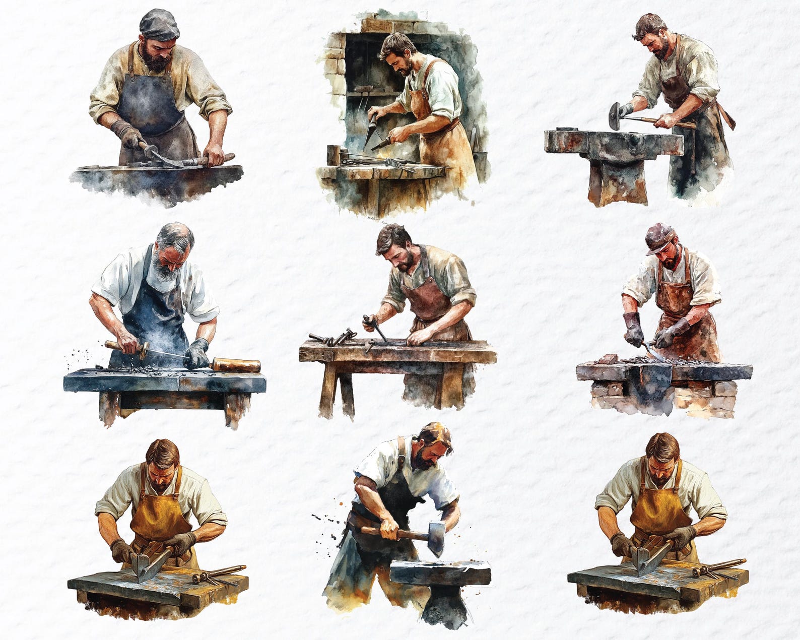 Watercolor Blacksmith Clipart Bundle: Medieval Metal Worker PNG Files ...