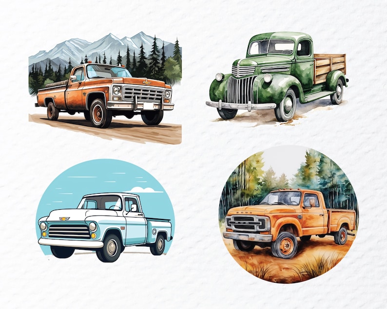 Watercolor Pickup Truck Clipart Bundle: Transparent PNG Files - Etsy
