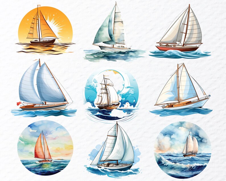 Watercolor Sailing Boat Clipart Bundle: Nautical PNG Files (digital ...