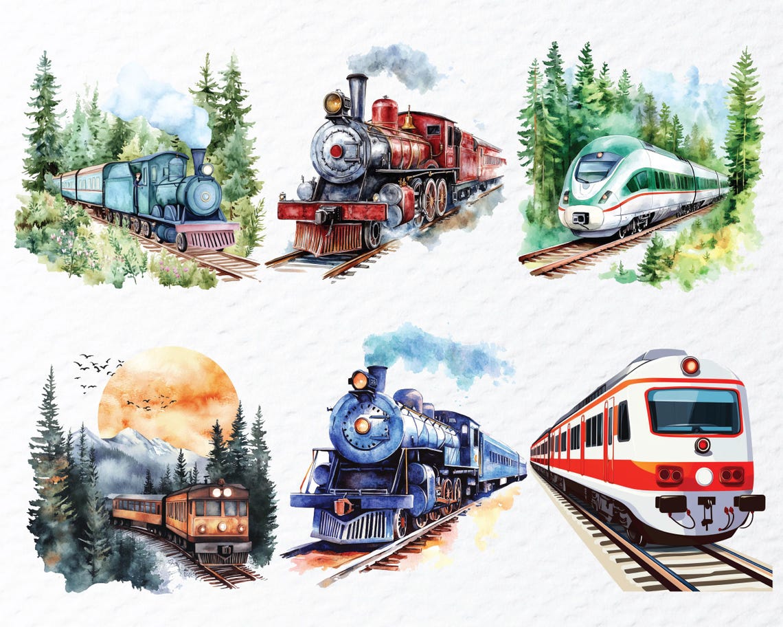 Watercolor Train Clipart Bundle: Vintage Steam Trains (PNG Files) - Etsy