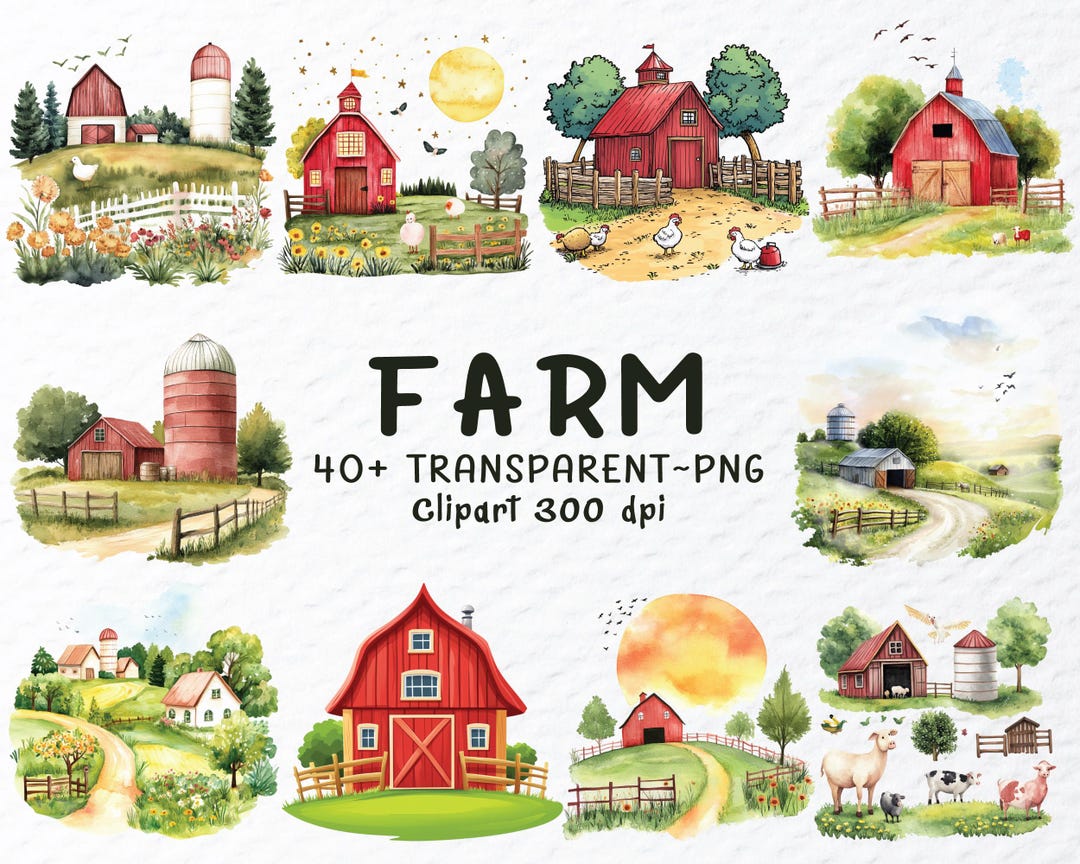 Watercolor Farm Png Clipart Bundle, Farm Png Files, Farm Scene Clipart ...