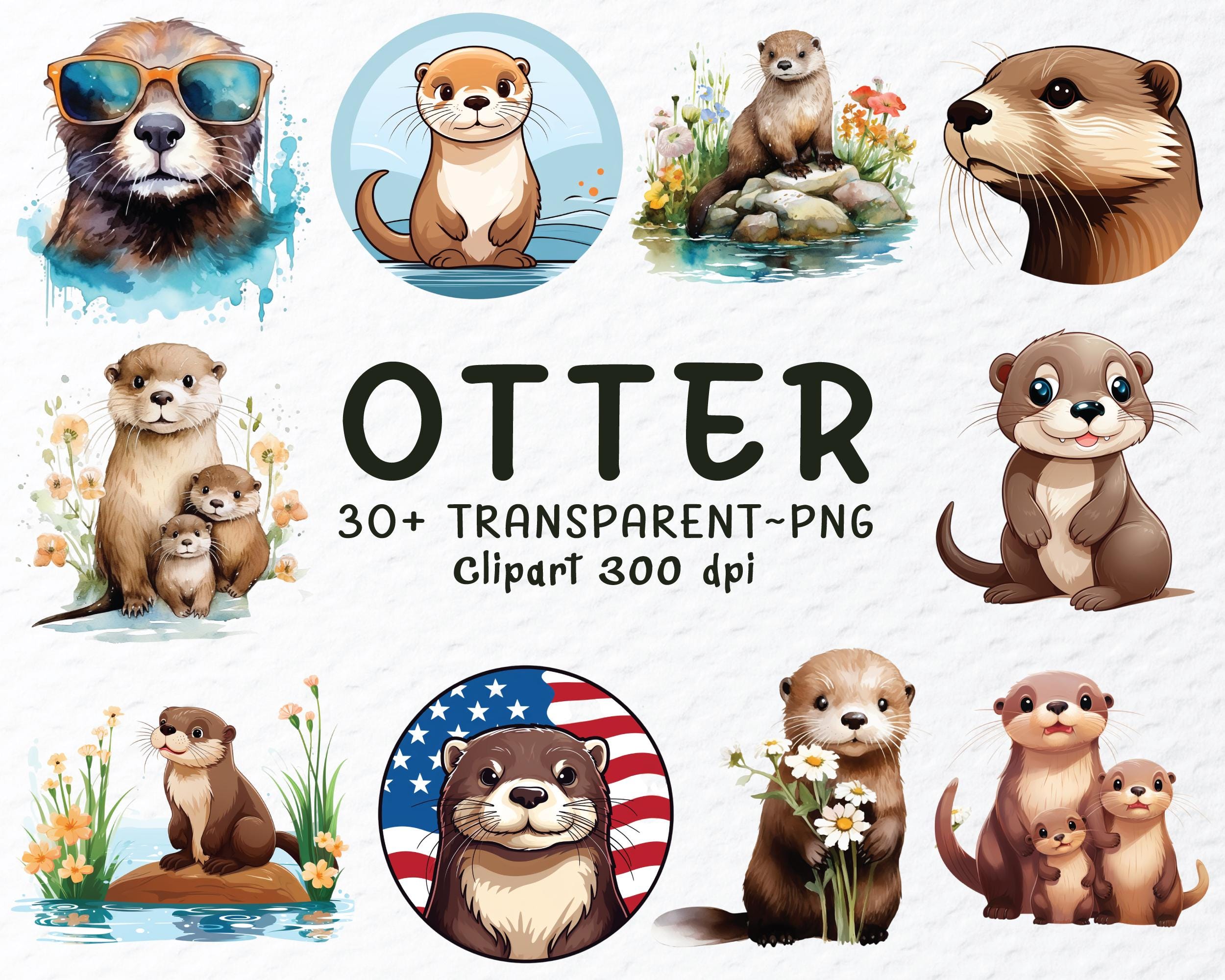 Watercolor Otter Clipart Bundle: Woodland Animal PNG Files (digital ...