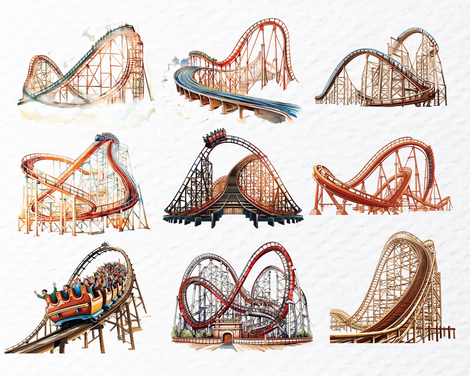 Watercolor Roller Coaster Clipart Bundle: Amusement Park PNG Files ...