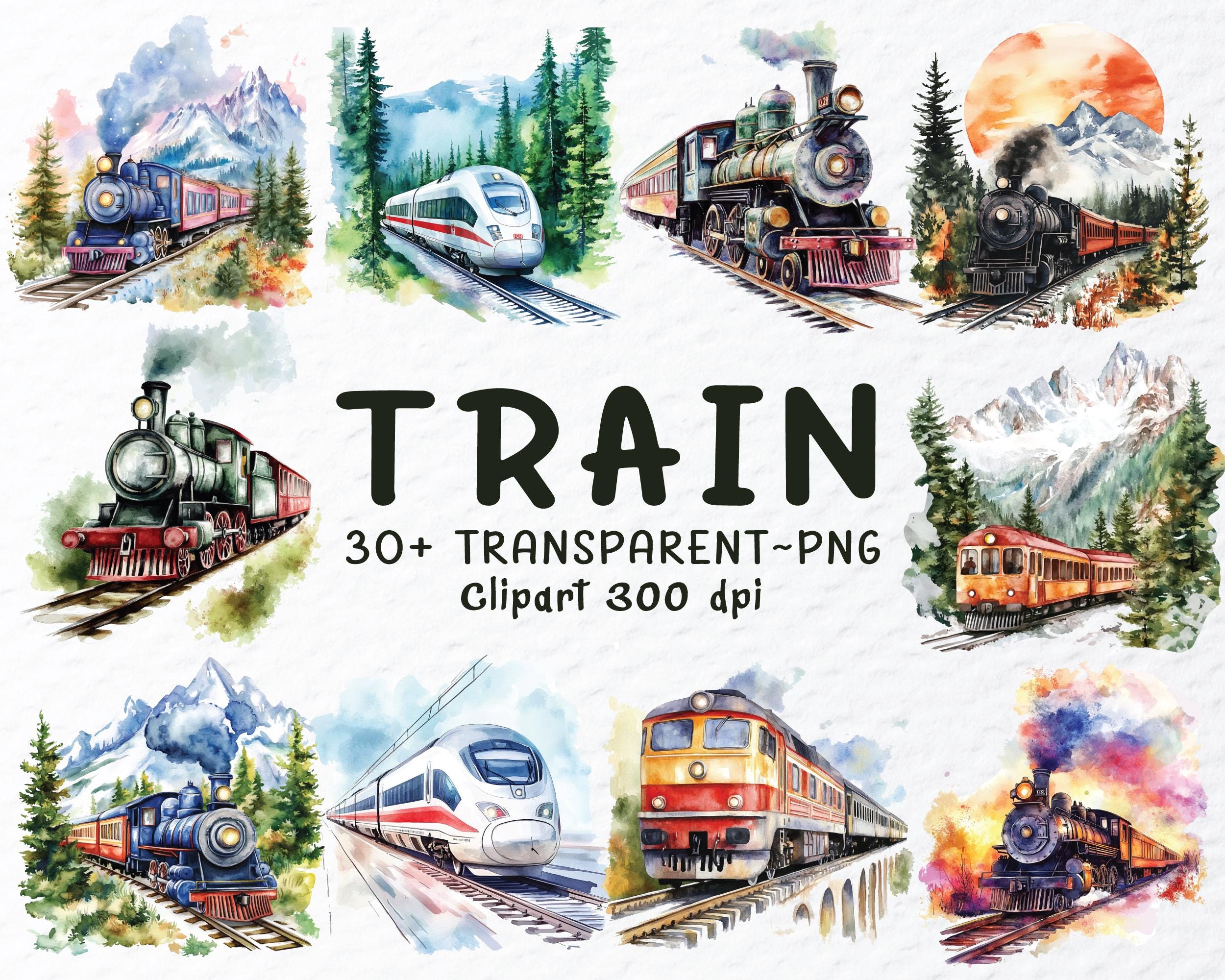 Watercolor Train Clipart Bundle: Vintage Steam Trains (PNG Files) - Etsy