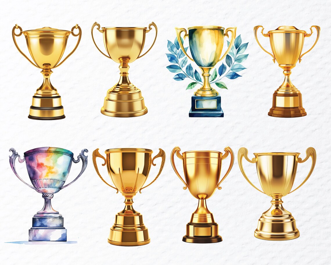 Watercolor Trophy Clipart Bundle: Golden Sports Award PNG (digital ...