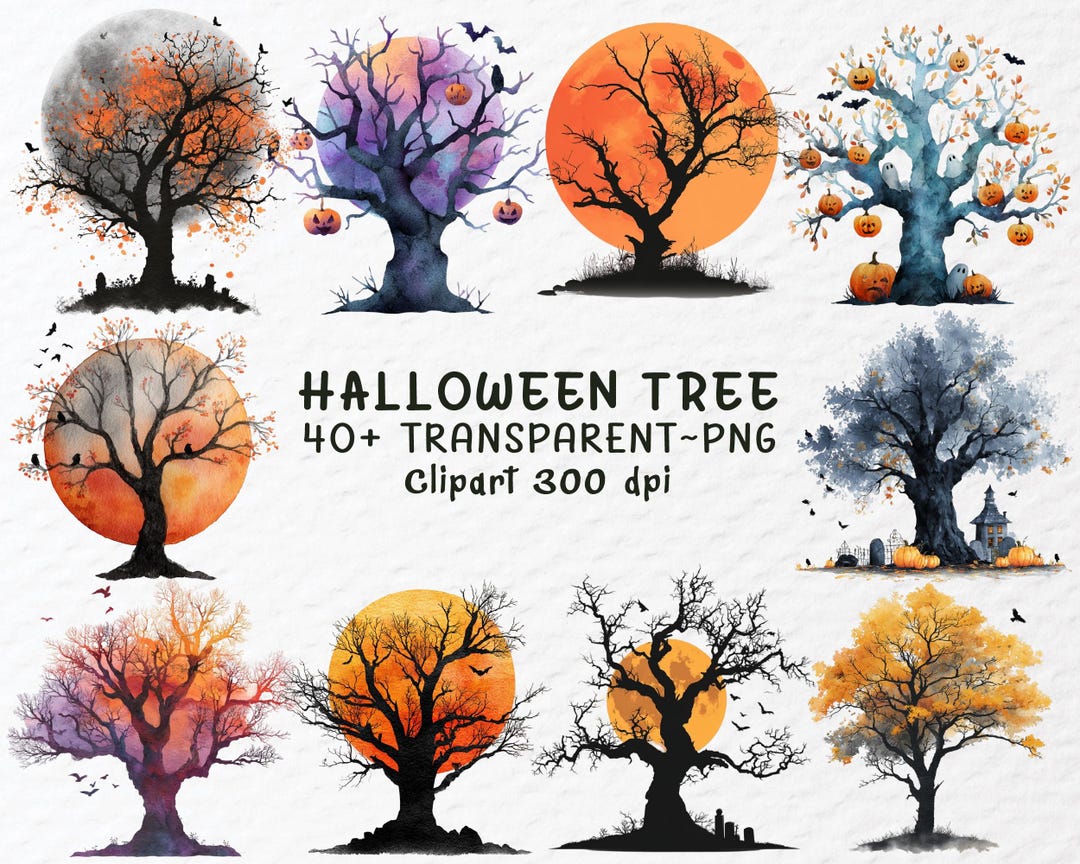 Halloween Tree PNG Clipart Bundle, Watercolor Spooky Creepy Tree ...