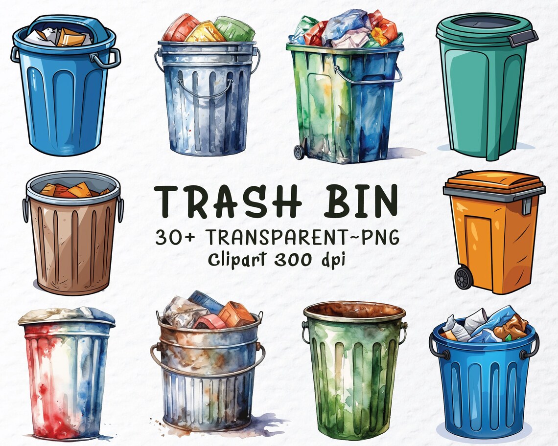 Watercolor Trash Bin Png Clipart Bundle, Trash Bin Png Files, Recycling ...