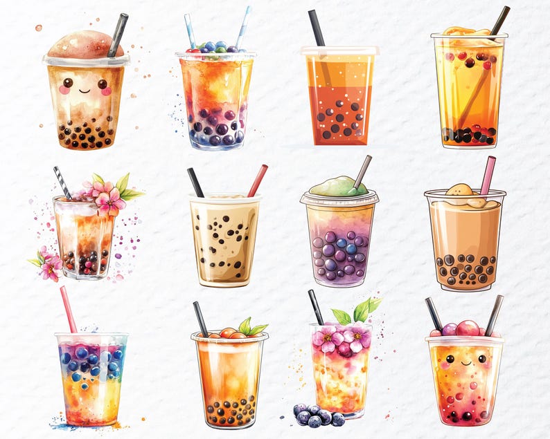Watercolor Bubble Tea Clipart Bundle: Kawaii Boba Tea PNG Files ...