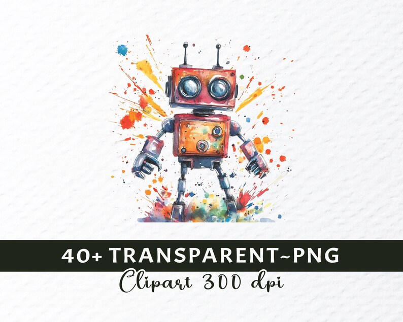 Cute Robots Png Clipart Bundle, Watercolor Cute Robot Png Files, Floral ...