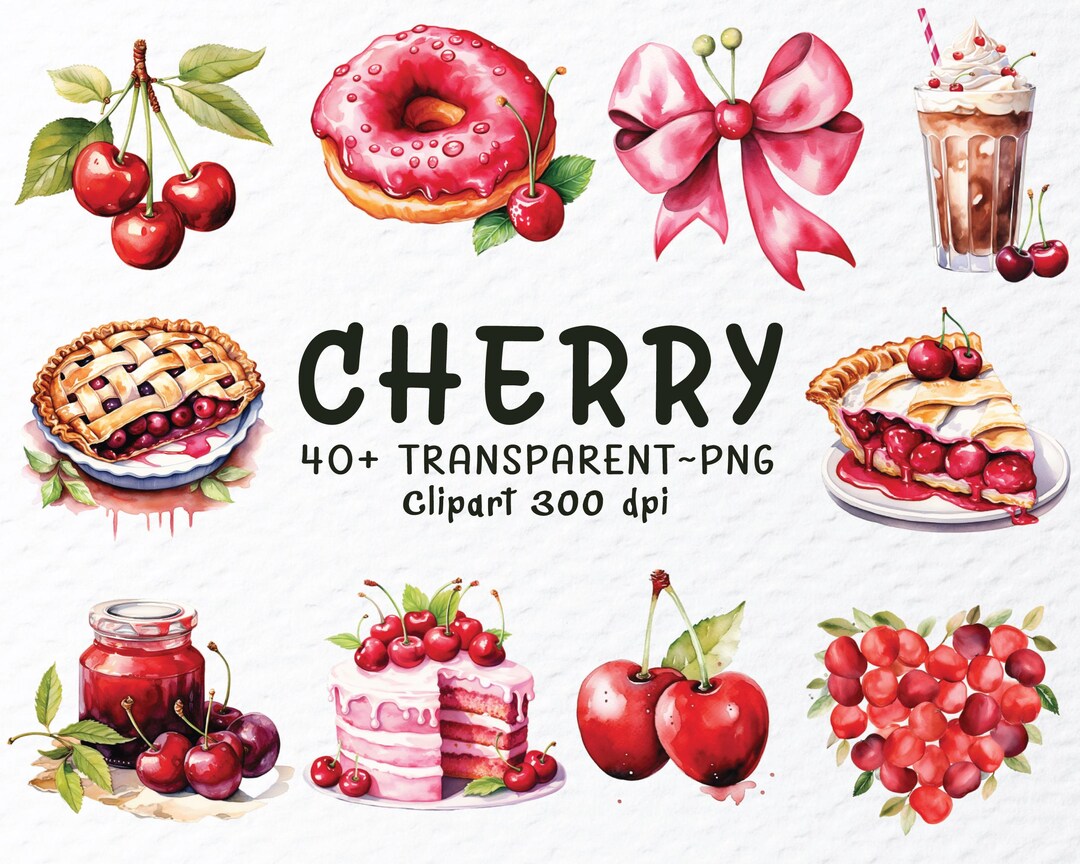 Watercolor Cherry Clipart Bundle: Fruit Bows, Desserts (PNG Files ...