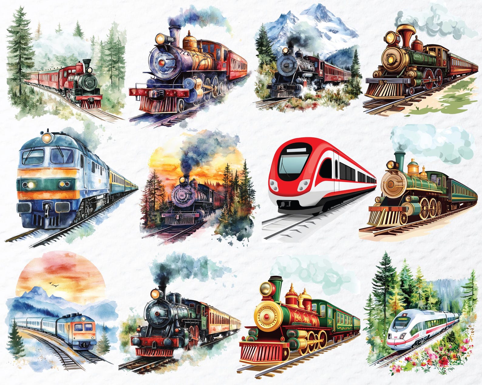 Watercolor Train Clipart Bundle: Vintage Steam Trains (PNG Files) - Etsy