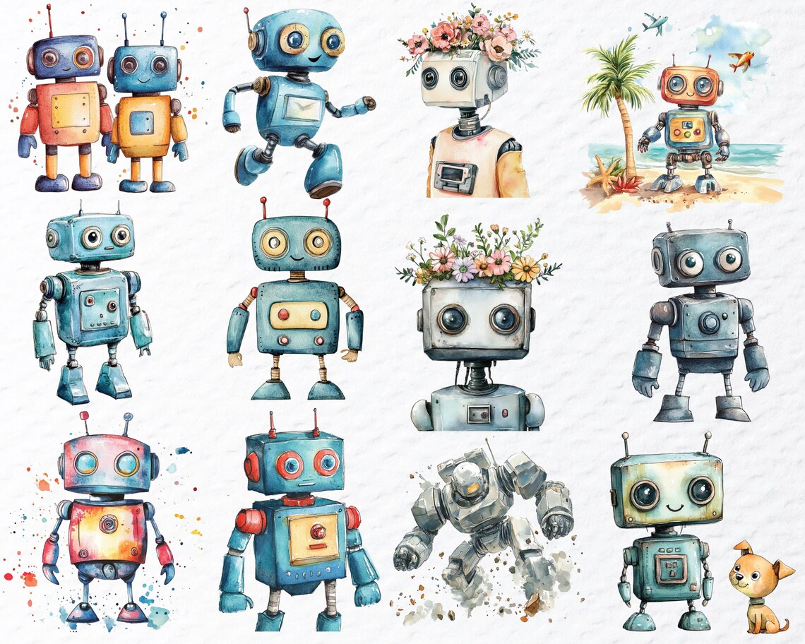 Cute Robots Png Clipart Bundle, Watercolor Cute Robot Png Files, Floral ...