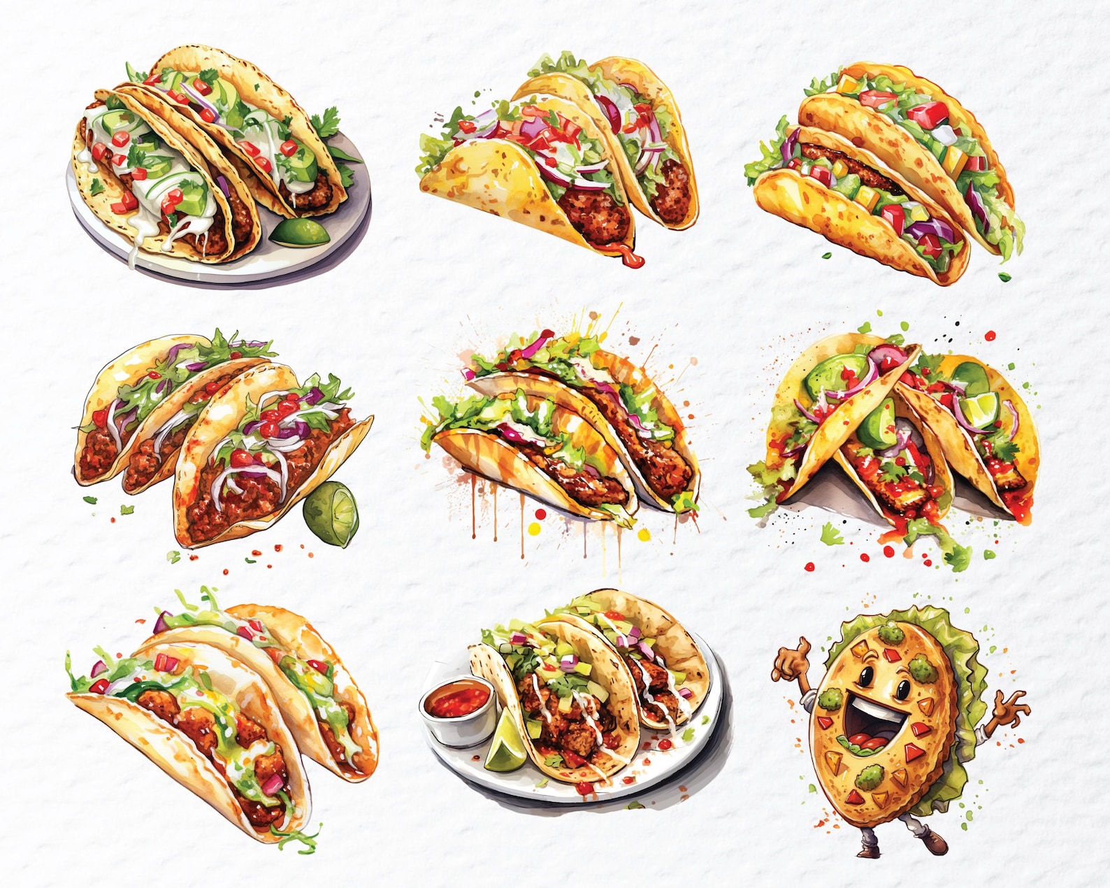 Watercolor Tacos Clipart PNG Bundle: Mexican Food Graphics (digital ...