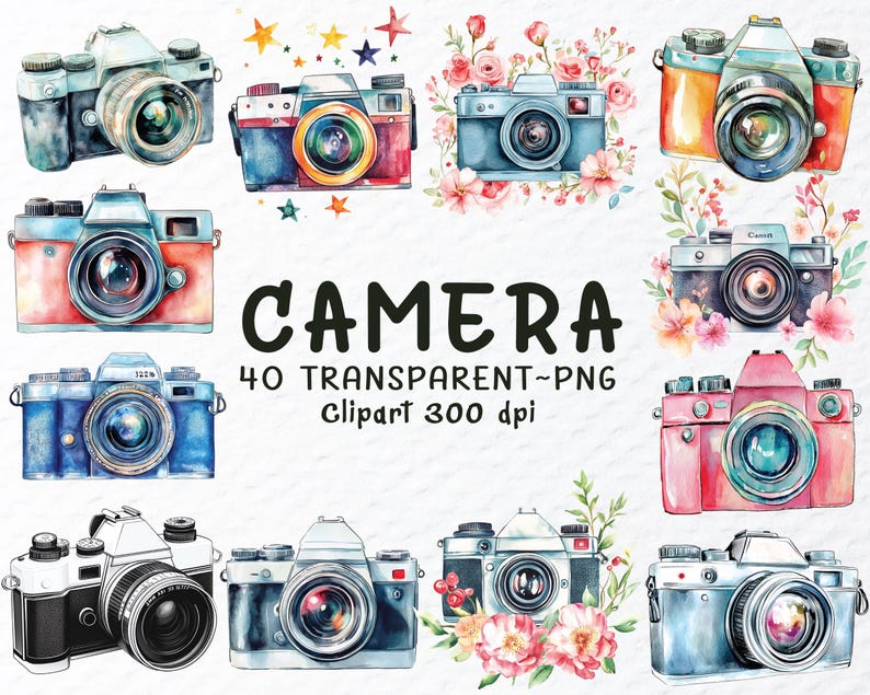 Watercolor Camera Clipart Bundle: Floral Camera PNG Files (digital ...