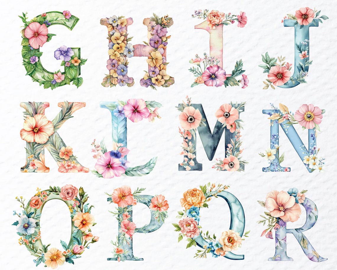 Watercolor Floral Alphabet Clipart: Pastel PNG Bundle (digital Download ...