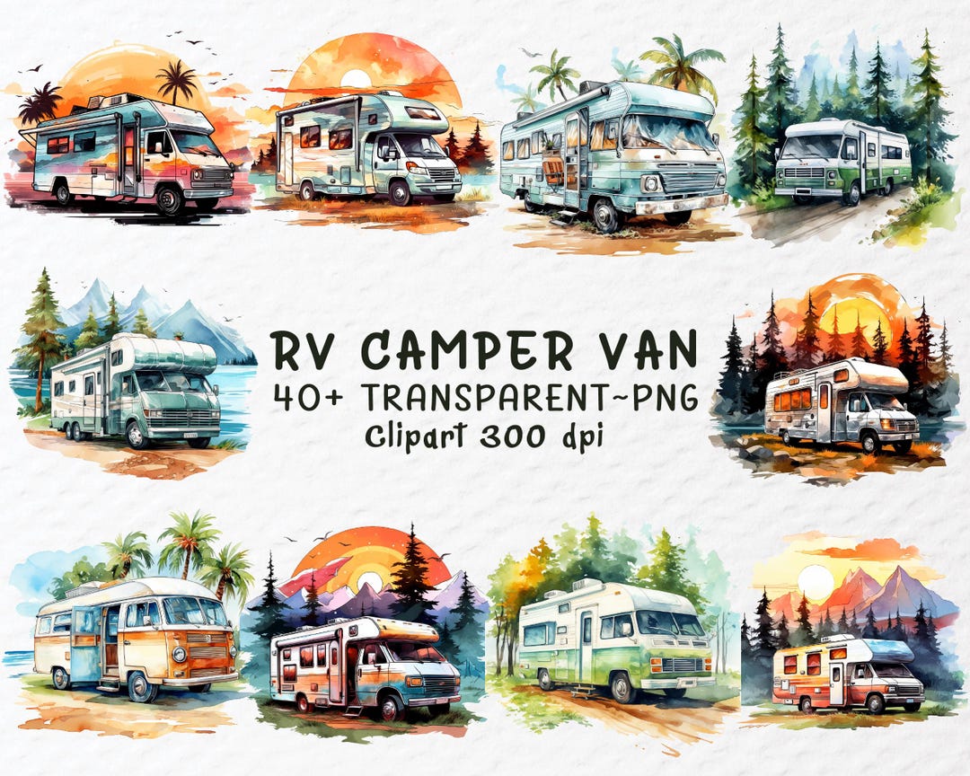 RV Camper Van Clipart Png Bundle, Watercolor Caravan Design, Motorhome ...