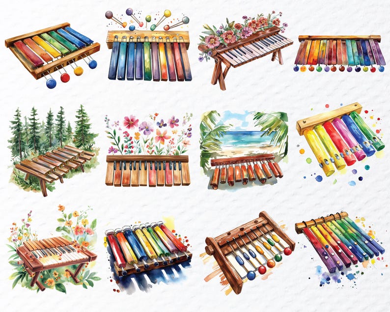 Watercolor Marimba PNG Clipart Bundle: Musical Instrument Decal ...